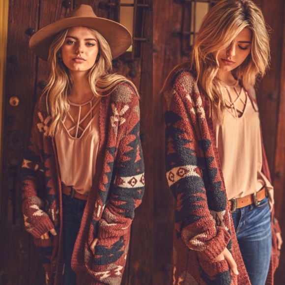 Sweaters | Aztec Tribal Boho Fuzzy Long Cardigan Brick | Poshmark